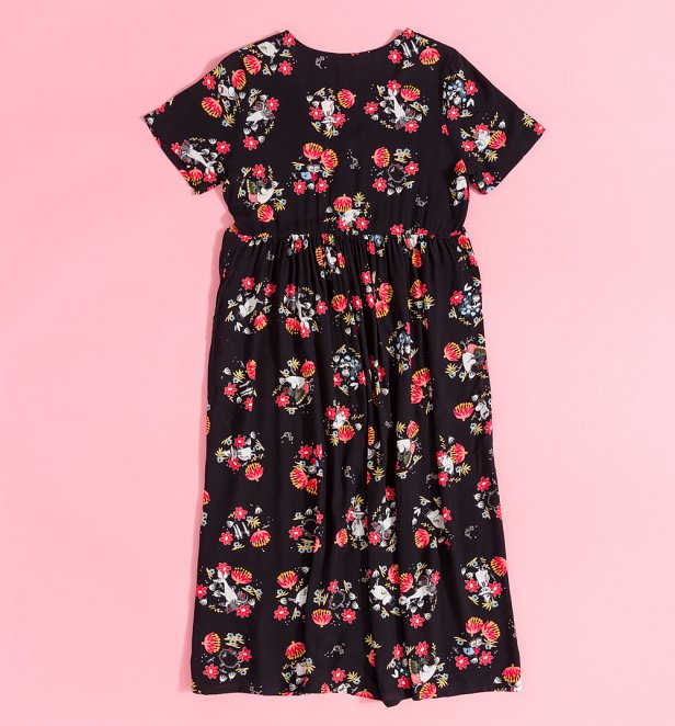 Moomin 80th Anniversary All Over Print Floral Black V-Neck Midi Smock Dress
