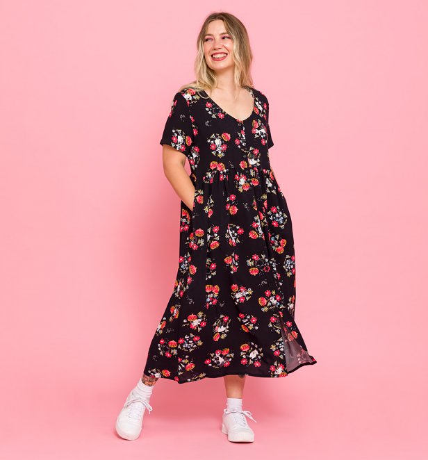 Moomin 80th Anniversary All Over Print Floral Black V-Neck Midi Smock Dress