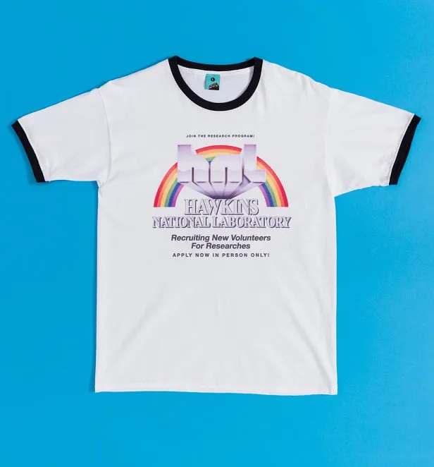 Stranger Things Hawkins National Laboratory White And Black Ringer T-Shirt